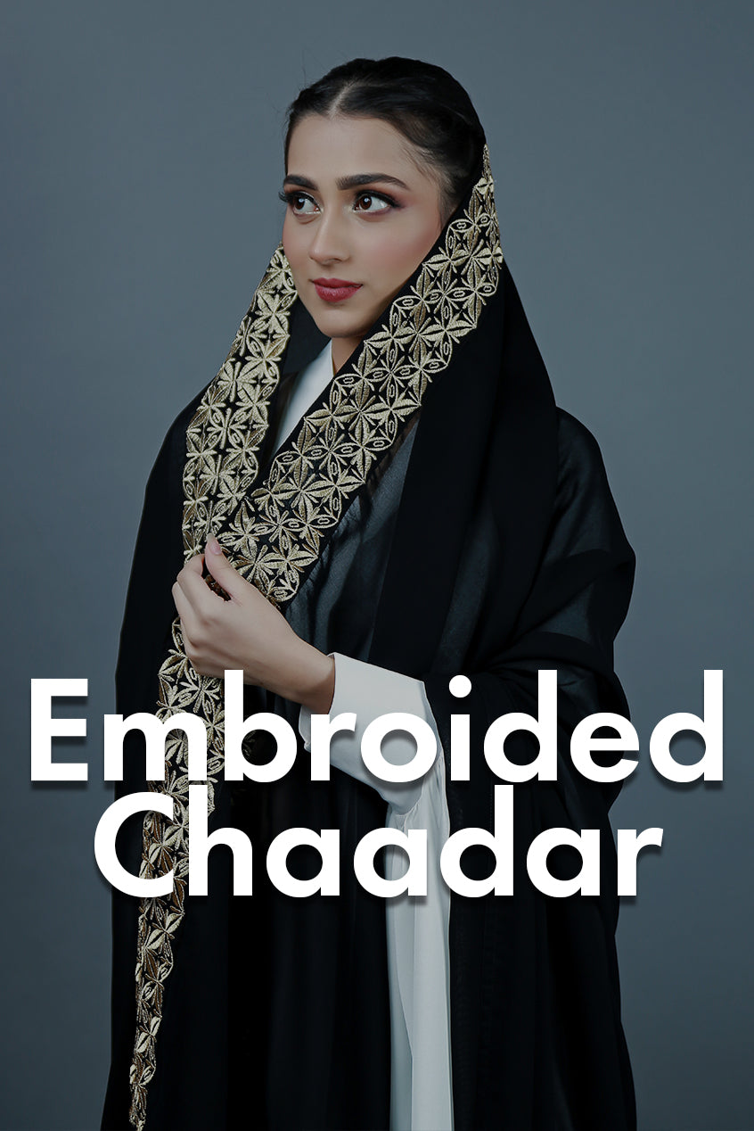 Embroidered Chaadar Online | Black Chiffon Shawls | Abaya.pk